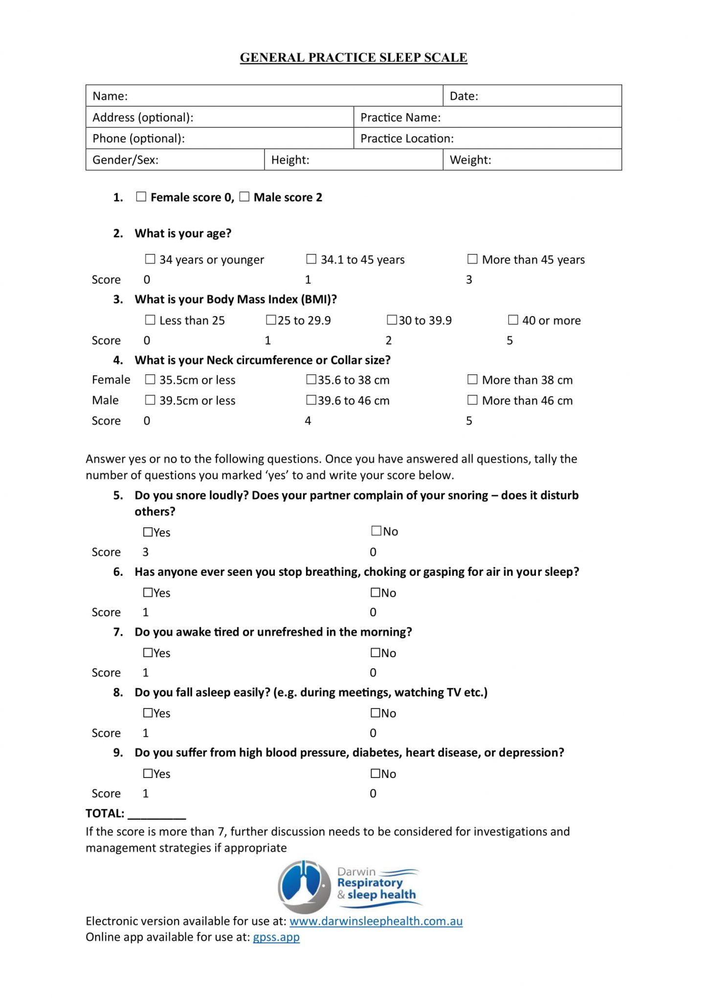 General Practice Sleep Scale – Darwin Respiratory & Sleep Health